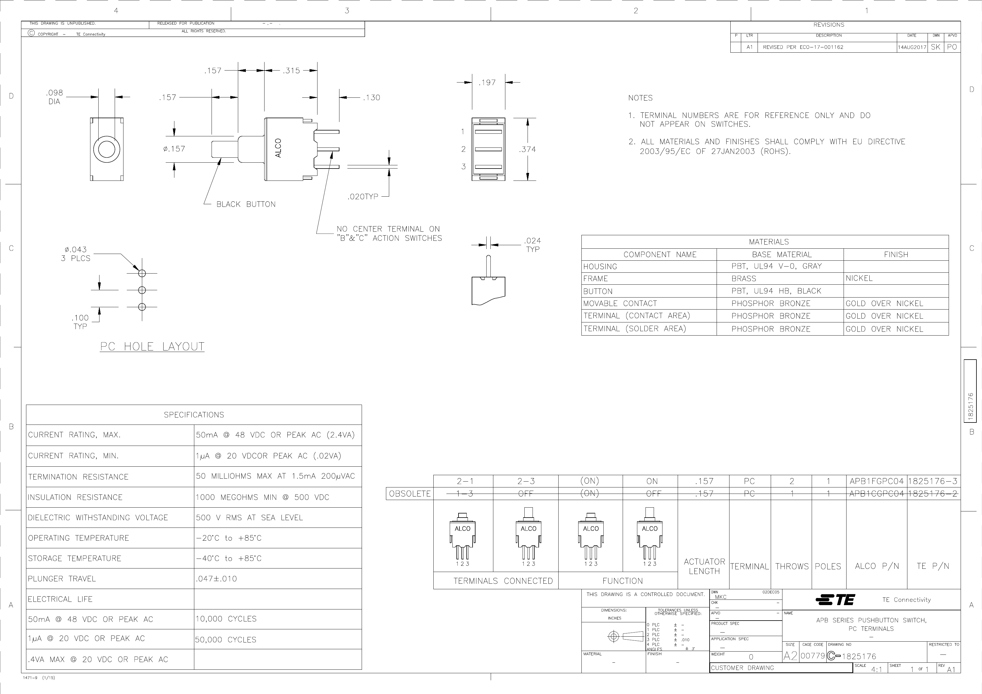 APB Series Pushbutton Switch PC Terminals Datasheet by TE Connectivity ...